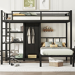 Full XL Over Twin Bunk Bed with Desk and Storage Shelf, Heavy Duty Bunk Bed with Wardrobe and Guardrail, Full XL Over Twin Bunk Bed for Teens, Kids, L-Shaped Bunk Bed Balck