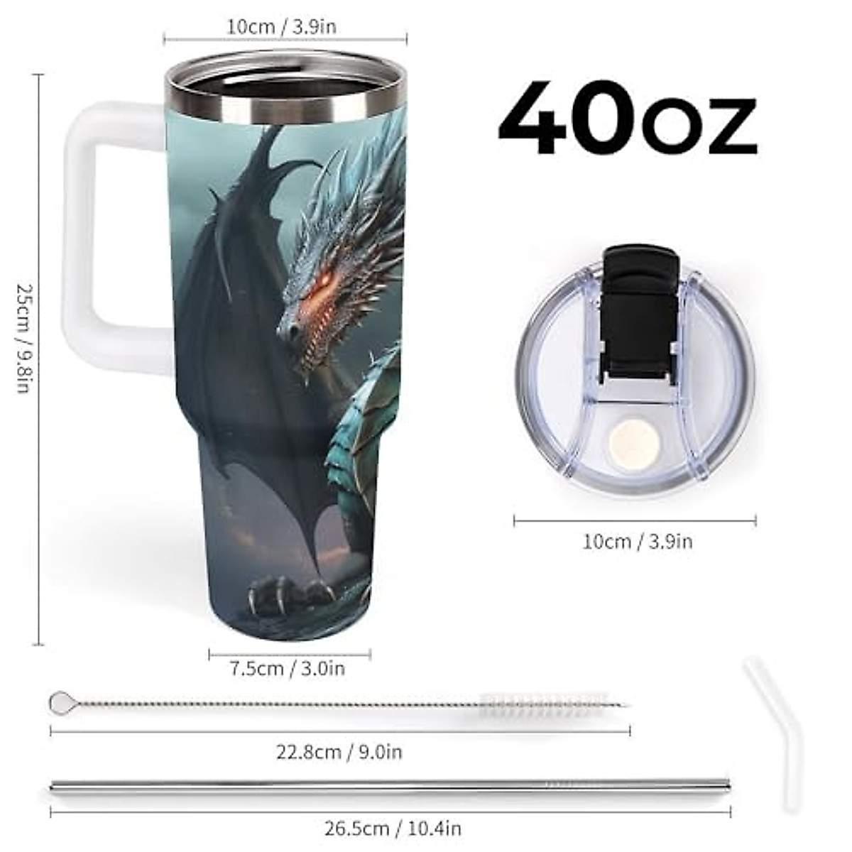QWJKM Cool Dragon Tumbler with Handle Large Insulated Car Cup 40 OZ Stainless Steel Travel Mug Leak Proof Water Bottle with Lid And Straw for Car Home Office Gifts