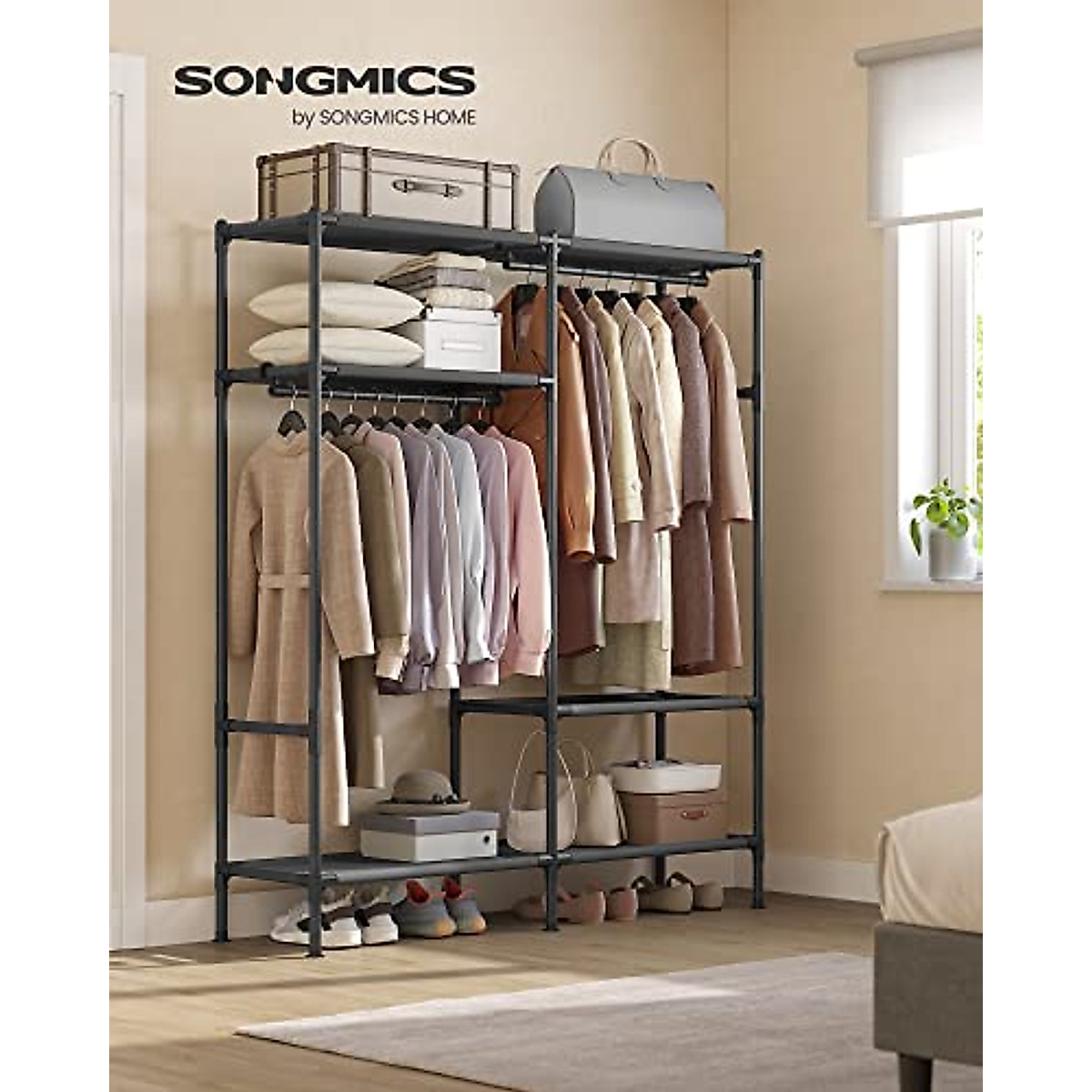 SONGMICS Garment Rack Heavy Duty Clothes Rack, 65 Inch Freestanding Portable Wardrobe Closet with Hanging Rails and Shelves, Total Load 242 lb, Easy Assembly, for Cloakroom, Bedroom, Black URDR201B02