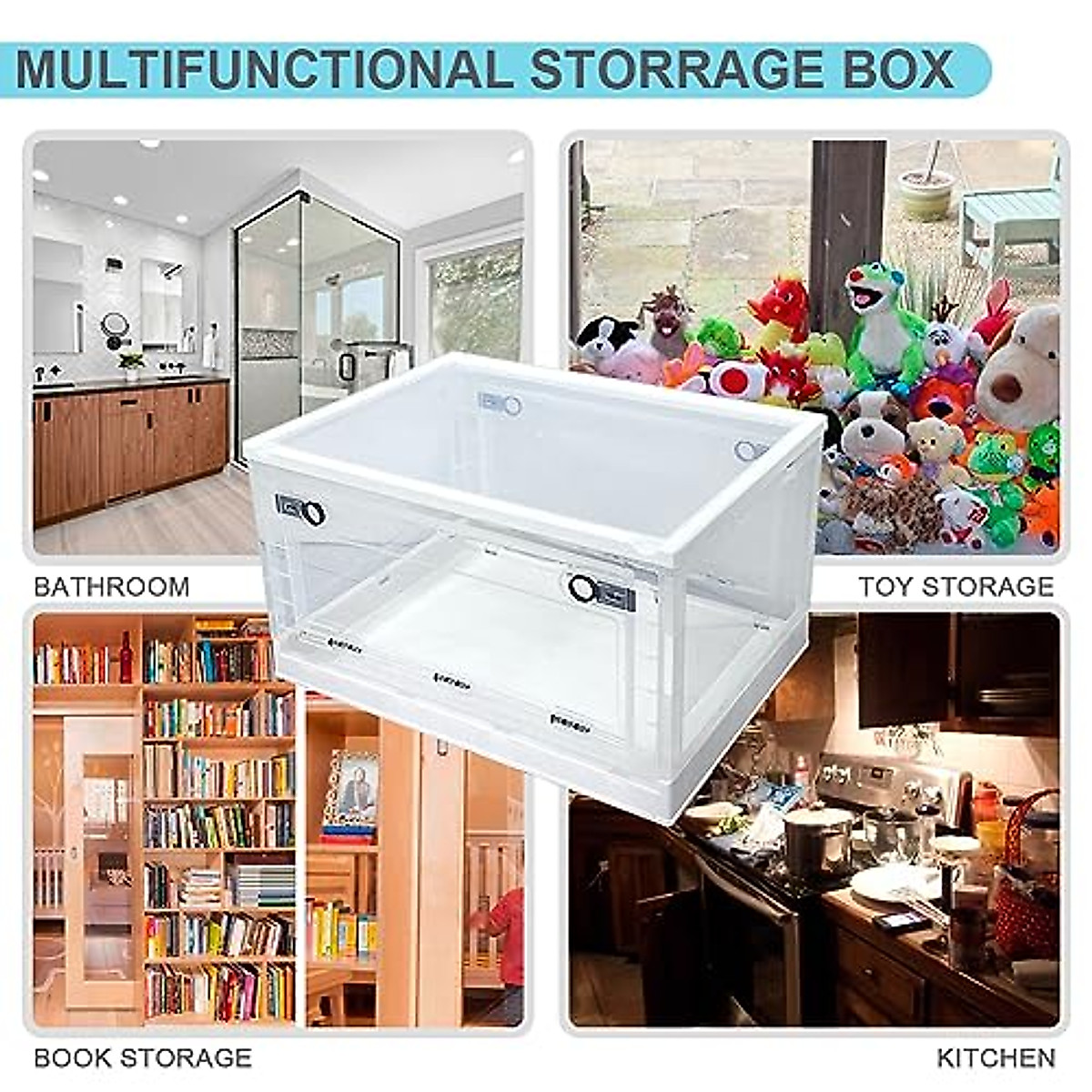 4utoHydra 4 PCS Collapsible Storage Bins, 80L Plastic Storage Bin Organizing Container with Lid and 4 Wheels, Clear Folding Plastic Container, Storage Organizer Five Doors with Secure Latching Buckles ( Extra Large , White)