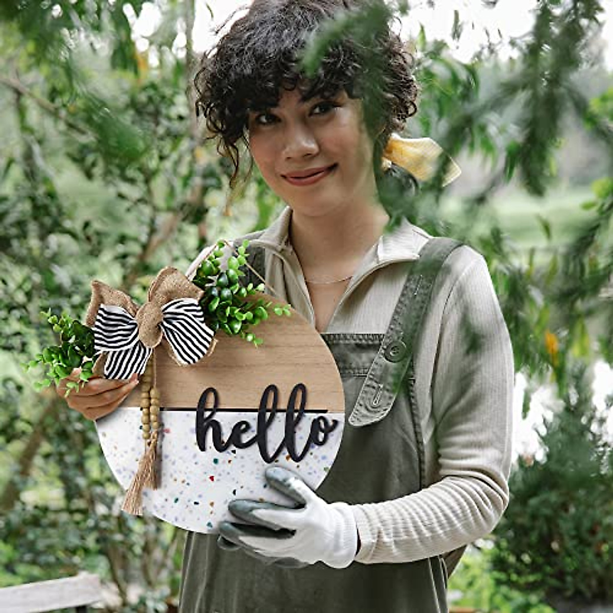 Heart Carpenter Welcome Sign Wall Art Room Decor with Spring Summer Green Eucalyptus Wreath Front Door Decoration, Rustic Round Wood Wall Window Decoration Living,Bedroom,Bathroom,Outdoor, Farmhouse, Porch