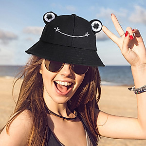 Cute Frog Bucket Hats Fisherman Cap Summer Beach Sun Protection Cap for Adults (Green, Yellow, Black, Orange, Pink, Khaki, 6)