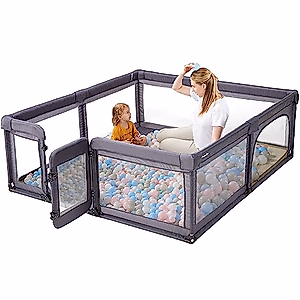 Sweeby Baby Playpen, 79x71 Playpens for Babies and Toddlers with Gate, Large Baby Play Yards with Zipper Door, Indoor & Outdoor Baby Fence, Dark Grey
