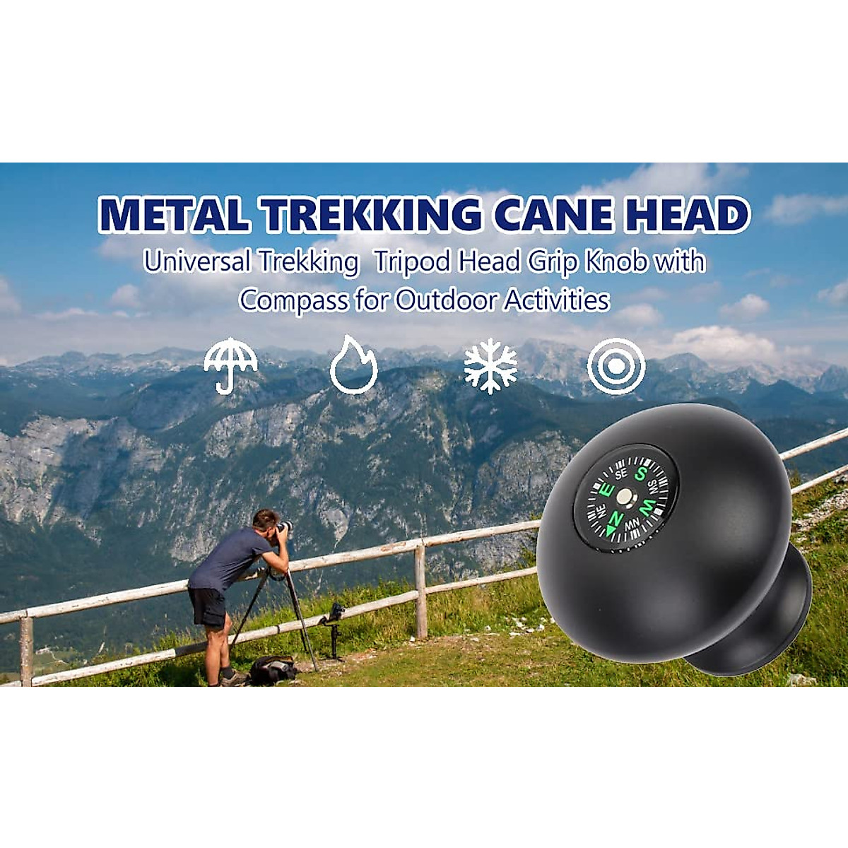 Tripod Monopod Ball Head Handle Grip Knob,Universal Trekking Pole Stick Monopod Tripod Head Grip Knob with Compass for Outdoor Activities, Hiking, Camping, etc