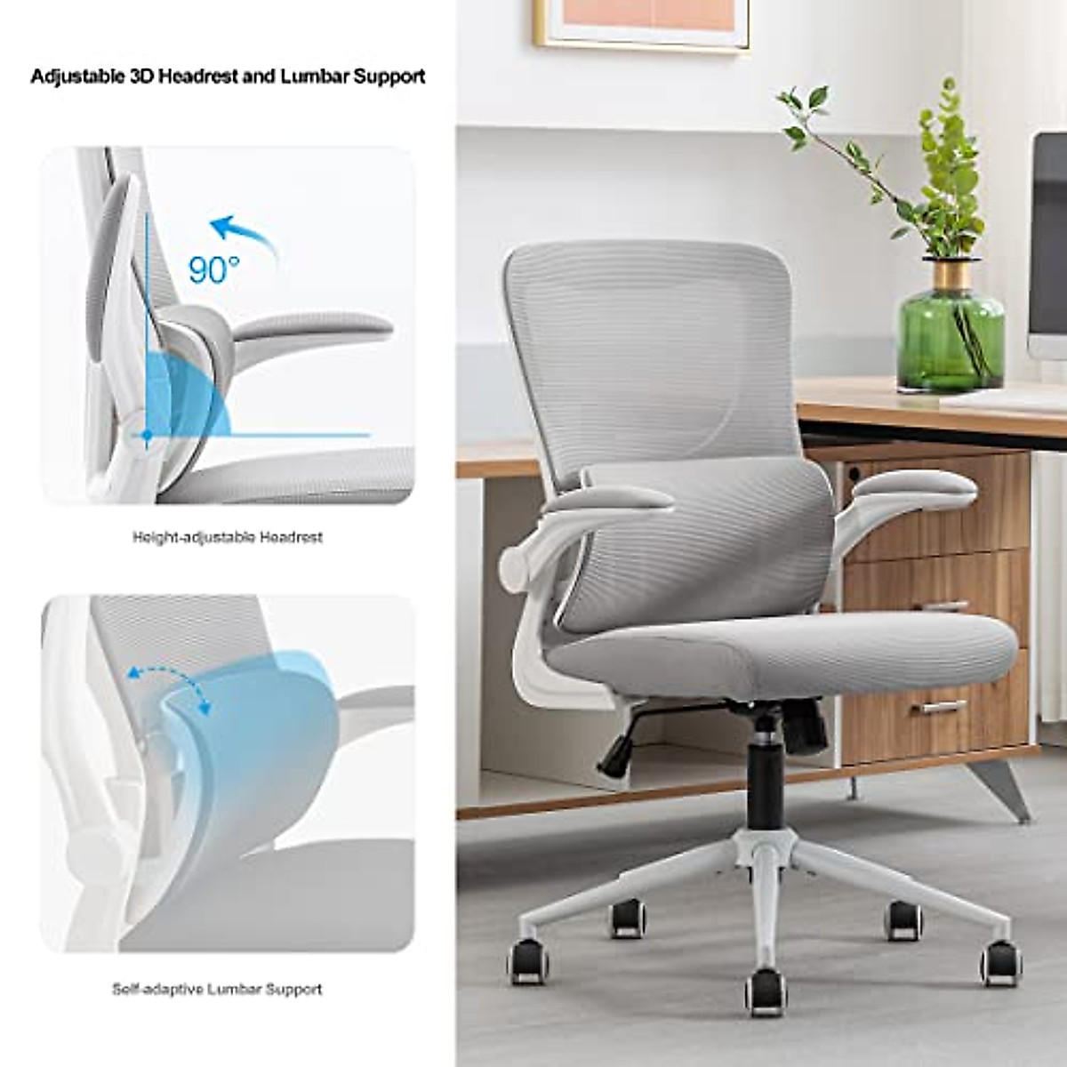 BRTHORY Office Chair Height-Adjustable Ergonomic Desk Chair with Self-Adjustable Lumbar Support, Breathable Mesh Computer Chair High Back Swivel Task Chair with Flip-up Armrests - Grey