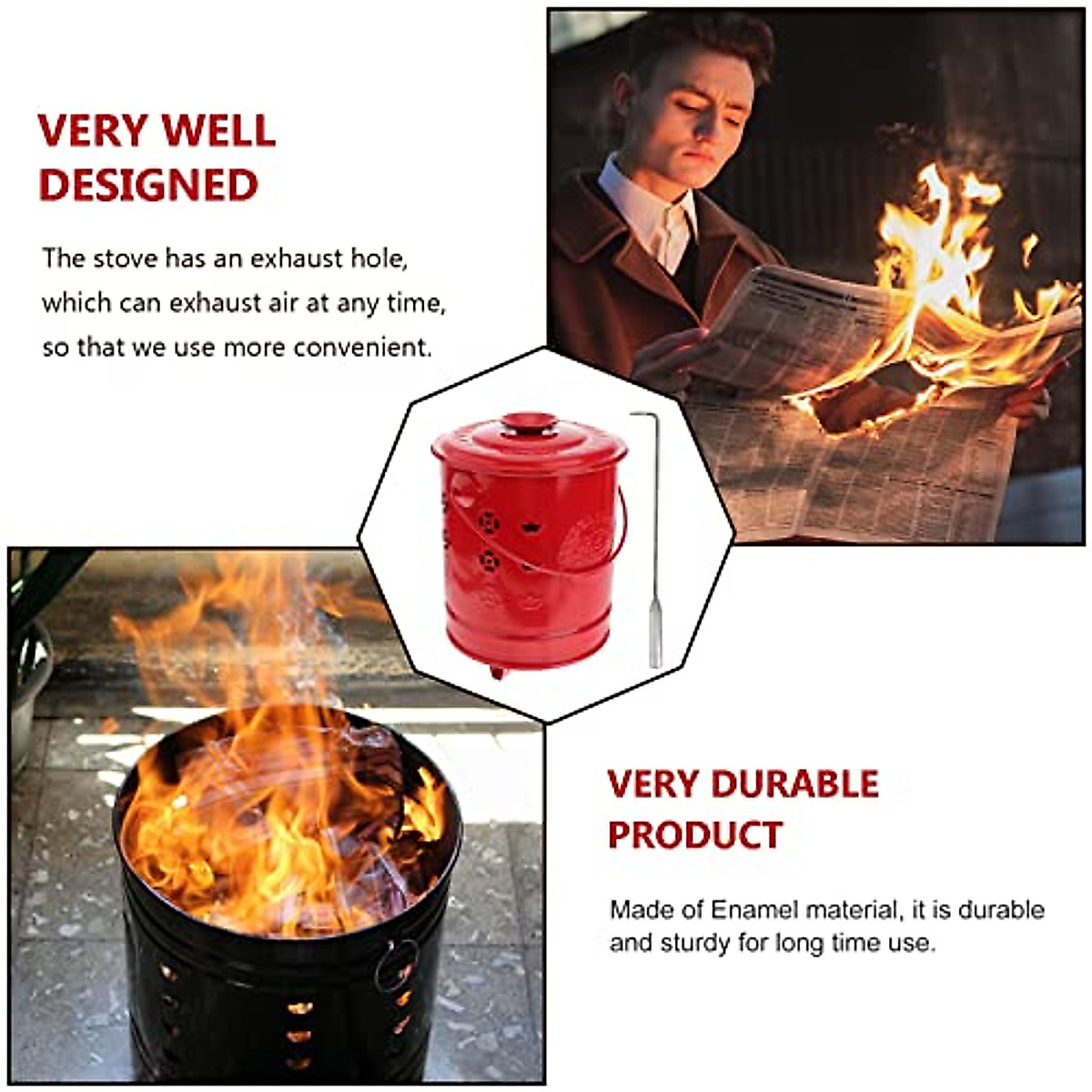 HEMOTON Metal Garden Incinerator Can, Stainless Steel Burn Barrel Incinerator Cage Barrel Fire Pit with Burning Tongs, Fire Bin Burning Leaves, Furnace Burning Bin for Yard Home Outdoor, Red