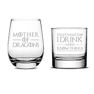Integrity Bottles, GOT, MOD, That's What I do (Set of 2) Premium Wine and Whiskey Glasses, Handmade, Handblown, Hand Etched Gifts, Sand Carved, 16oz, 11oz