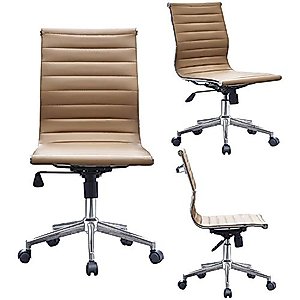 2xhome - Mid Back Height Modern Office Chair, Armless Ribbed PU Leather Seat with Swivel Tilt Adjustable Chrome Base - Executive Conference Room Task Chair (Tan)