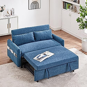 ERYE Modern Upholstered Futon Loveseat Convertible Sleeper Bed,2-Seaters Sofa & Couch Soft Cushions Love Seat Daybed for Small Space Living Room Sets Sofabed, Twin Blue Microfiber W/Pillows, Pockets