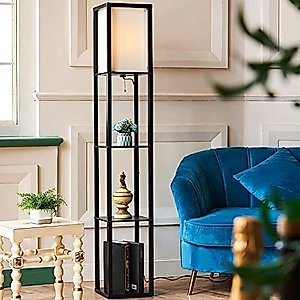 VONLUCE Shelf Floor Lamp, Etagere Lamp with Shelves, Standing Lamp with 3 Wood Display Storage Shelves for Bedroom Bedside Corner Living Room, Simple Modern Floor Lights with LED Bulb