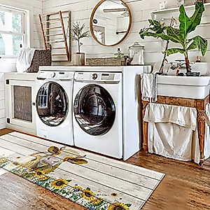 Cow Kitchen Mats for Floor Cushioned Anti Fatigue 2 Piece Set Kitchen Runner Rugs Non Skid Washable Sunflower Farmhouse Animal Watercolor 15.7x23.6+15.7x47.2inch