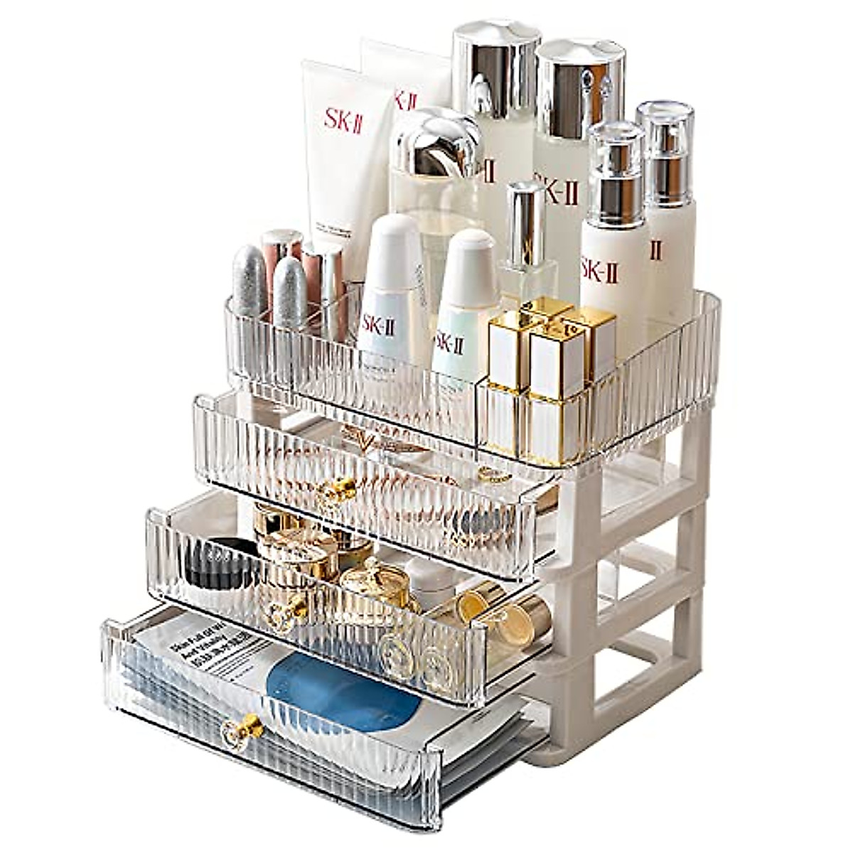 KchThass Acrylic Makeup Organizer with 3 Drawers,Cosmetic Display Cases for Vanity,Skincare Organizers Countertop,Desk Storage Holder for Perfume,Lotion,Lipstick,Brushe,Nail Polish(4-Layer,Clear)