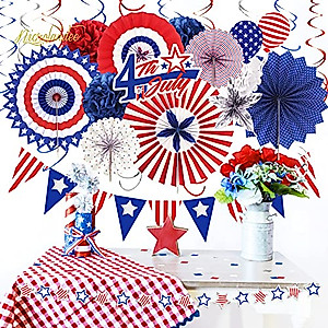 NICROLANDEE 4th of July Decorations, 32PCS Red White Blue Patriotic Party Decor, Flag of Paper, Fans, Pom Poms, USA Party Supplies for Independence Day, Labor Day, Presidents Day