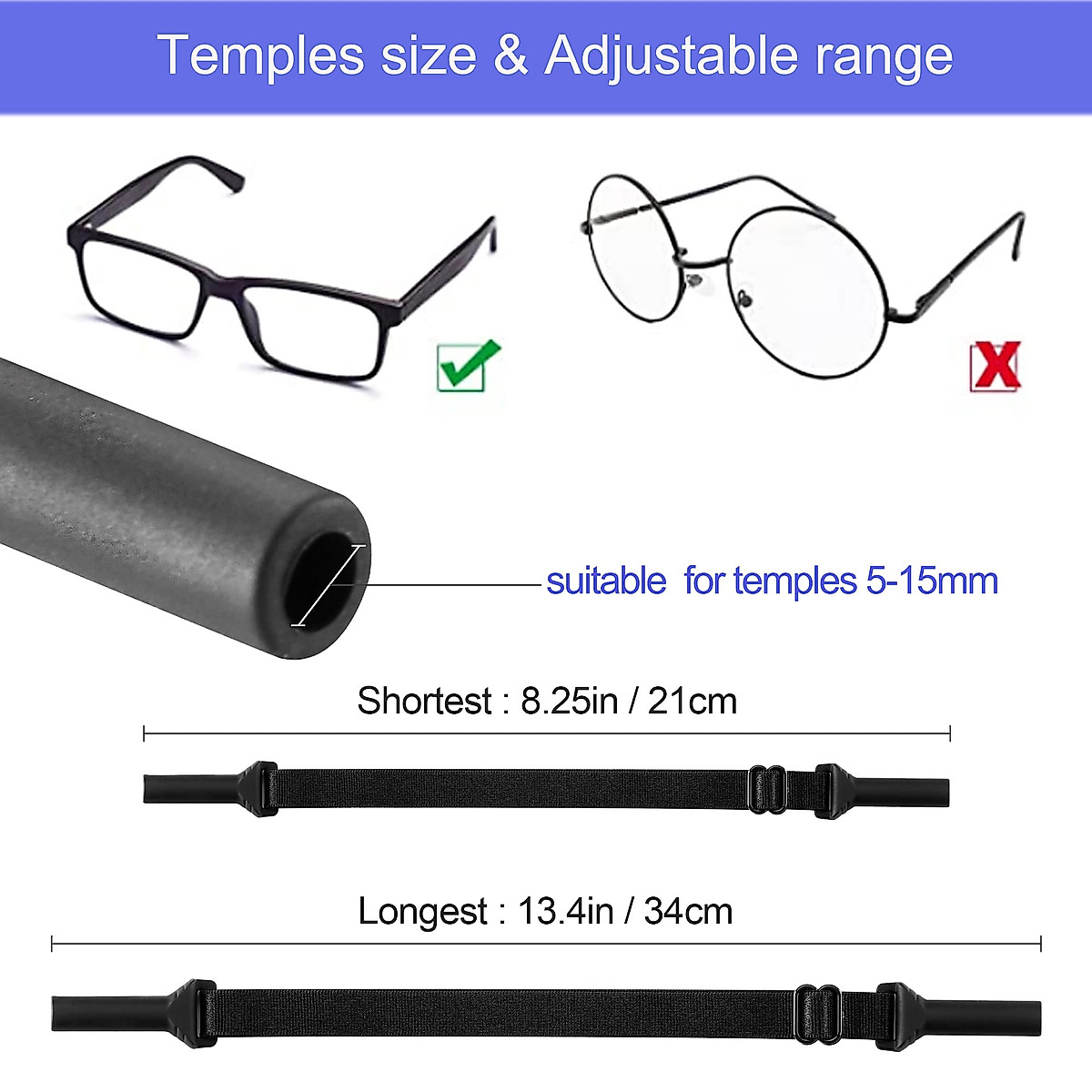 lvvfit Adjustable Glasses Strap, No Tail Adjustable Eyewear Retainer Glasses Straps, Sunglasses Straps for Men,Women,kids(4pcs Purple)