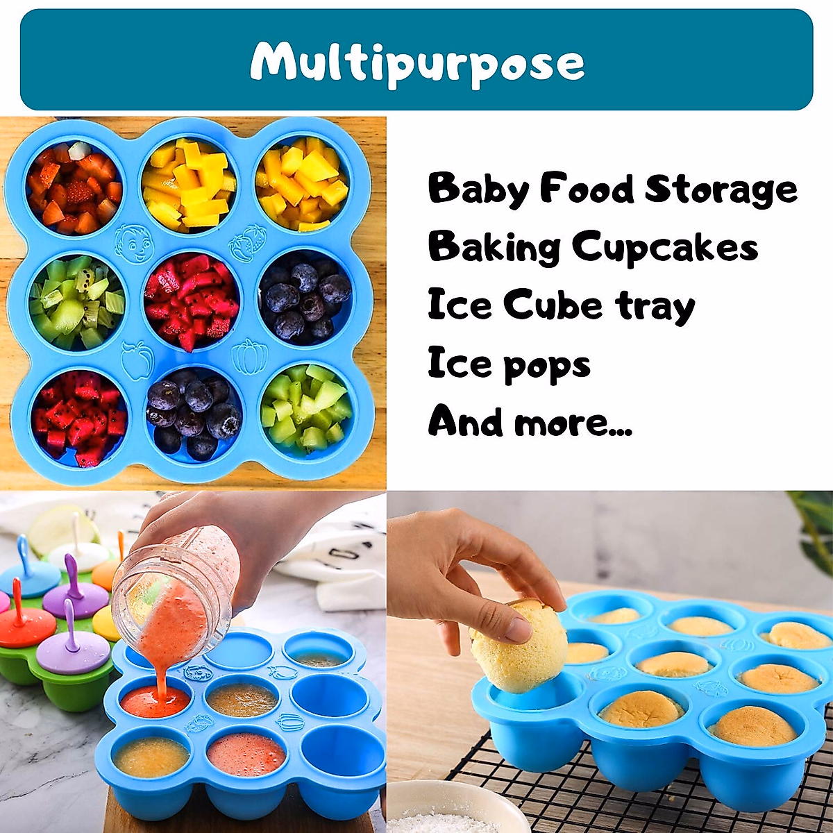 Silicone Baby Food Storage Container and Freezer Tray with Clip-On Lid, 100% Food-Grade, BPA Free (12 Cavities)