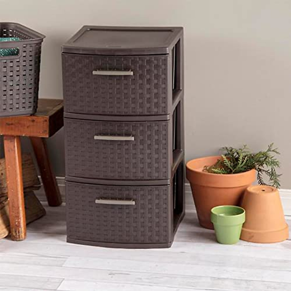Sterilite 3 Drawer Wicker Weave Decorative Storage Organization Container Cabinet Tower with Driftwood Handles, Espresso (4 Pack)