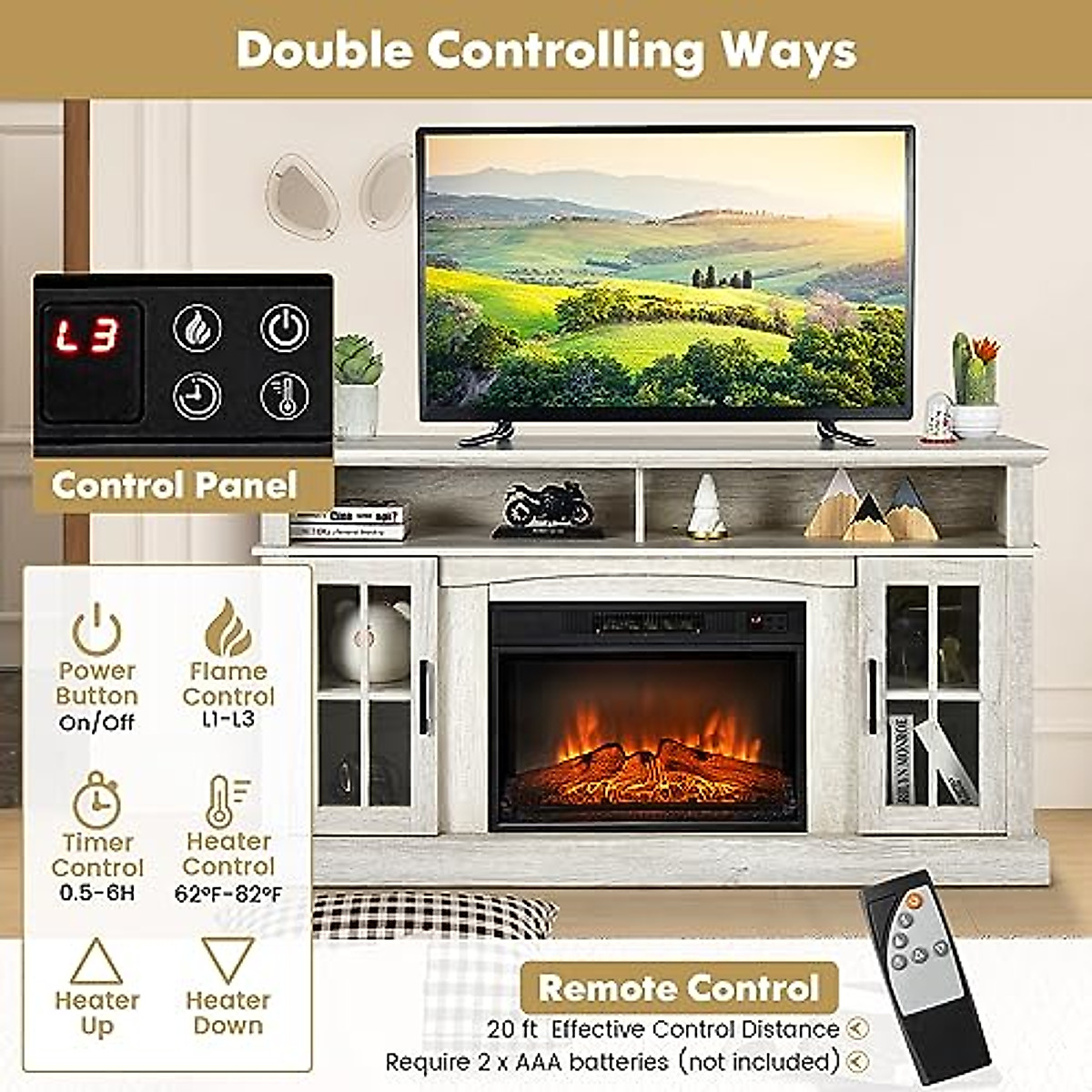 COSTWAY Electric Fireplace TV Stand for TVs Up to 65 Inches, 1400W Heater Insert with Remote Control, 6H Timer, 3-Level Flame, Overheat Protection and CSA Certification, Adjustable Shelves, Grey