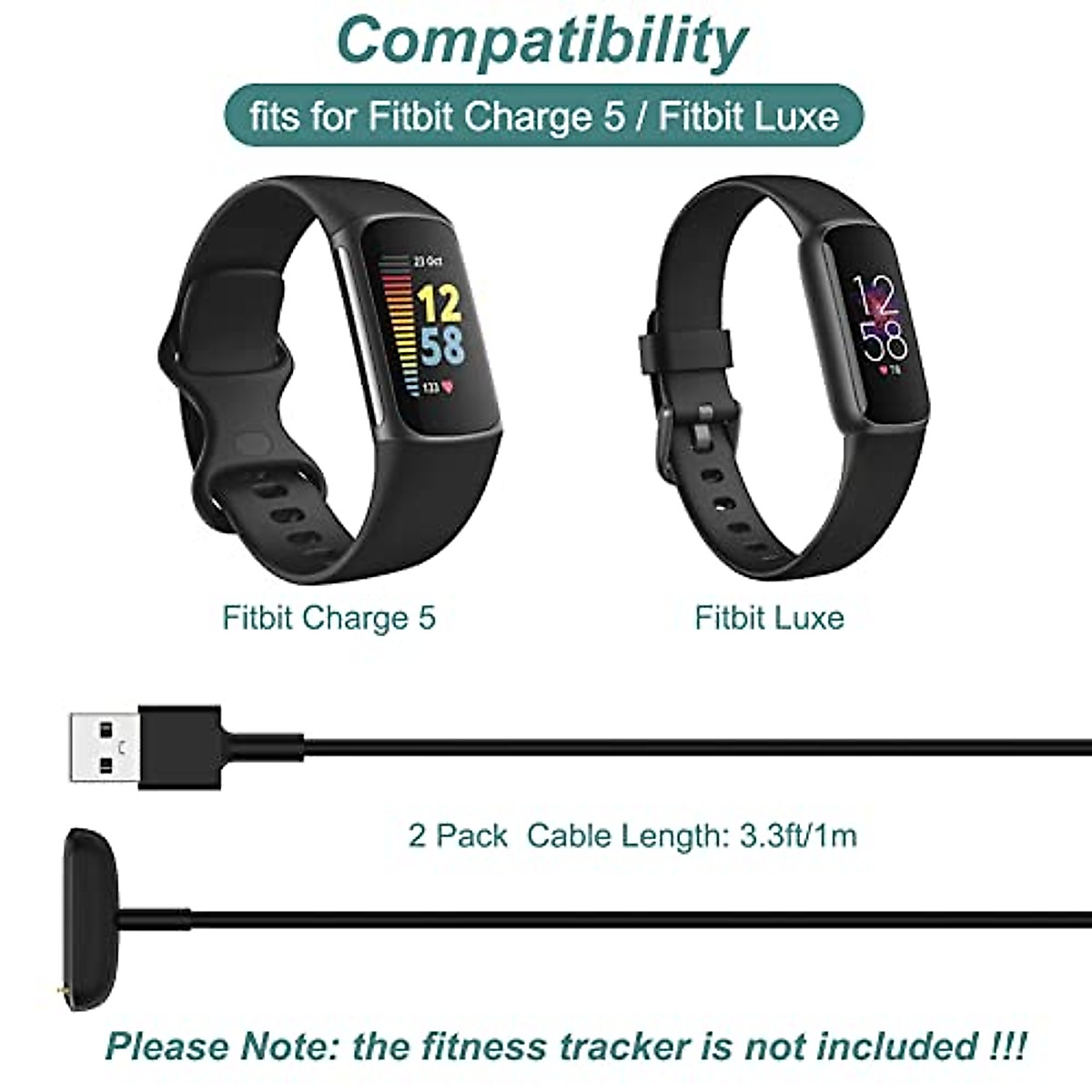 Charger for Fitbit Charge 5 / Fitbit Luxe Fitness Tracker, Replacement Charging Cable Cord Accessories for Fitbit Luxe/Charge 5 [2-Pack, 3.3ft/1m]