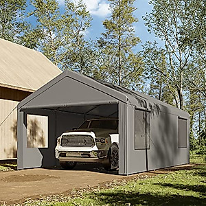 Gardesol Carport, 12'x20' Extra Large Heavy Duty Carport with Roll-up Ventilated Windows, Portable Garage with Removable Sidewalls & Doors for Car, Truck, SUV, Car Canopy with All-Season Tarp, Gray