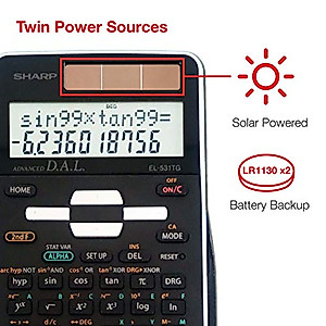Sharp EL-531TGBBW 12-Digit Scientific/Engineering Calculator with Protective Hard Cover, Battery and Solar Hybrid Powered LCD Display, Great for Students and Professionals, Black,Black and White