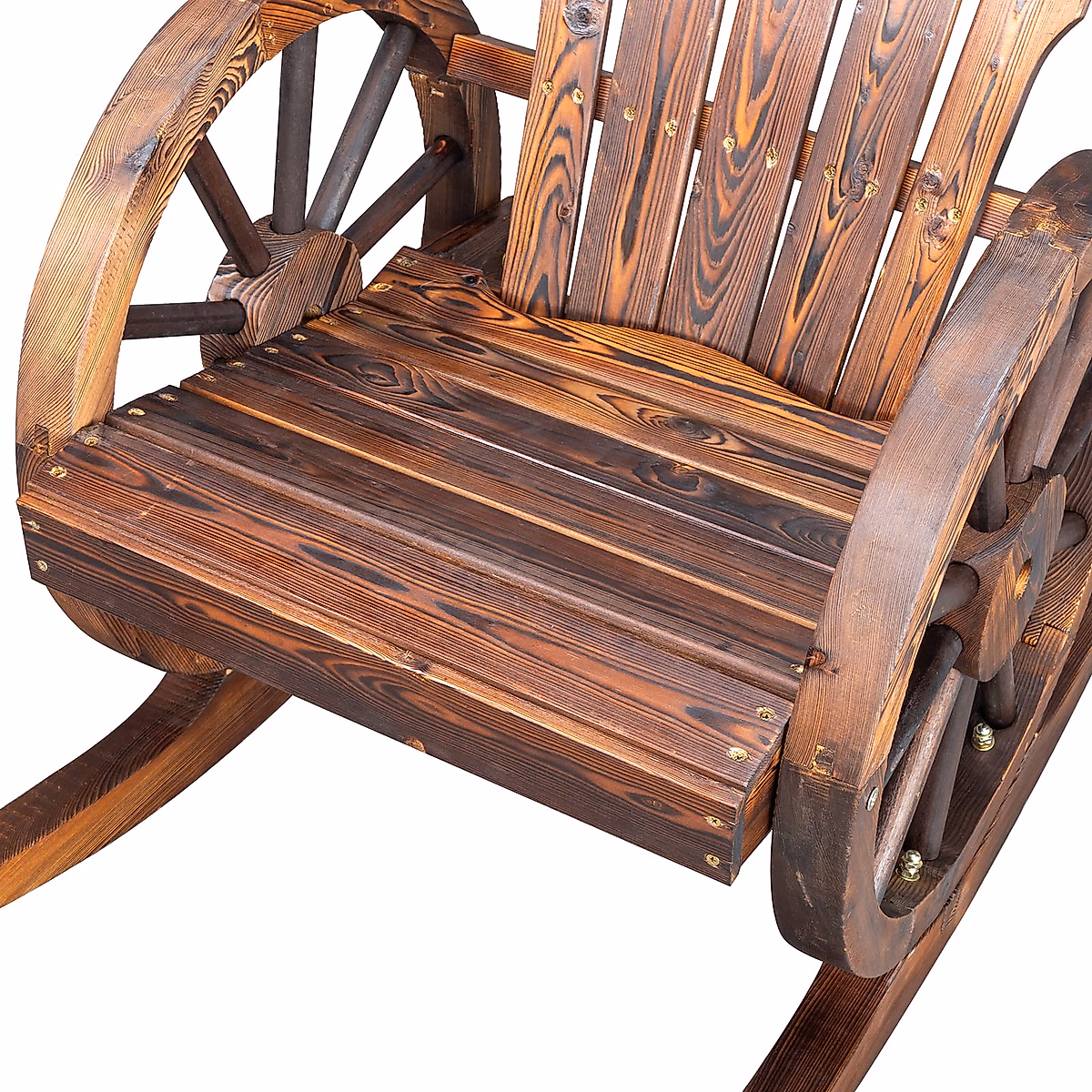 COOBL Log Rocking Chair,Solid Wood High Back Rocker with Wheel Armrest,All Weather Resistant Porch Rocker for Lawn Garden Backyard Patio