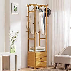 MoNiBloom Garment Rack with Drawers and Hooks, Bamboo Clothes Racks Storage Shelving Organizer Unit for Bedroom Laundry Room Guest Room, Natural