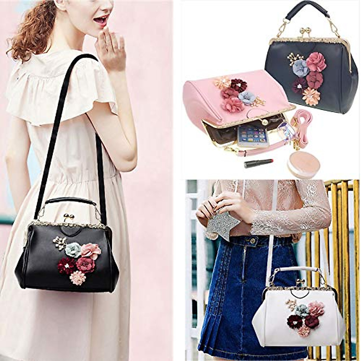 Abuyall Women's Retro Handbag Kiss Lock Shoulder Bag Vintage Purse Flowers M D