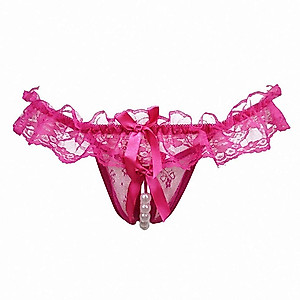Women Pearl Lace Bowknot Beads Lace Panties Erotic Thong Lingerie Underwear