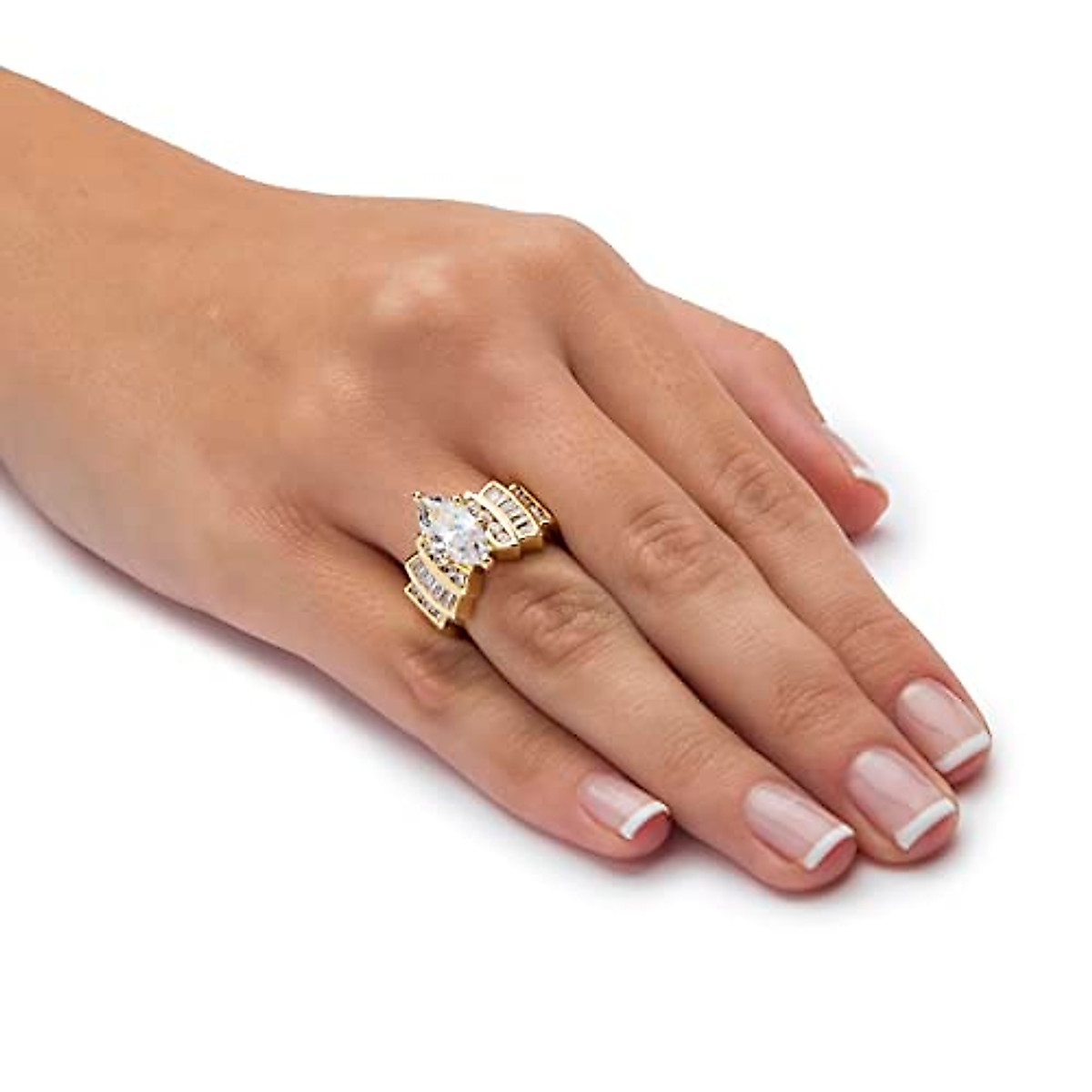 PalmBeach Yellow Gold-Plated or Silvertone Marquise Cut Cubic Zirconia Step Top Engagement Ring Size 7