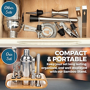 Mixology Bartender Kit - Home Bar Accessories Set with Jigger and Shakers for Bartending, 25oz Martini Shaker, Strainer, Spoon, Pourers, Muddler, Corkscrew, Bamboo Stand - Bar Supplies 12 Piece