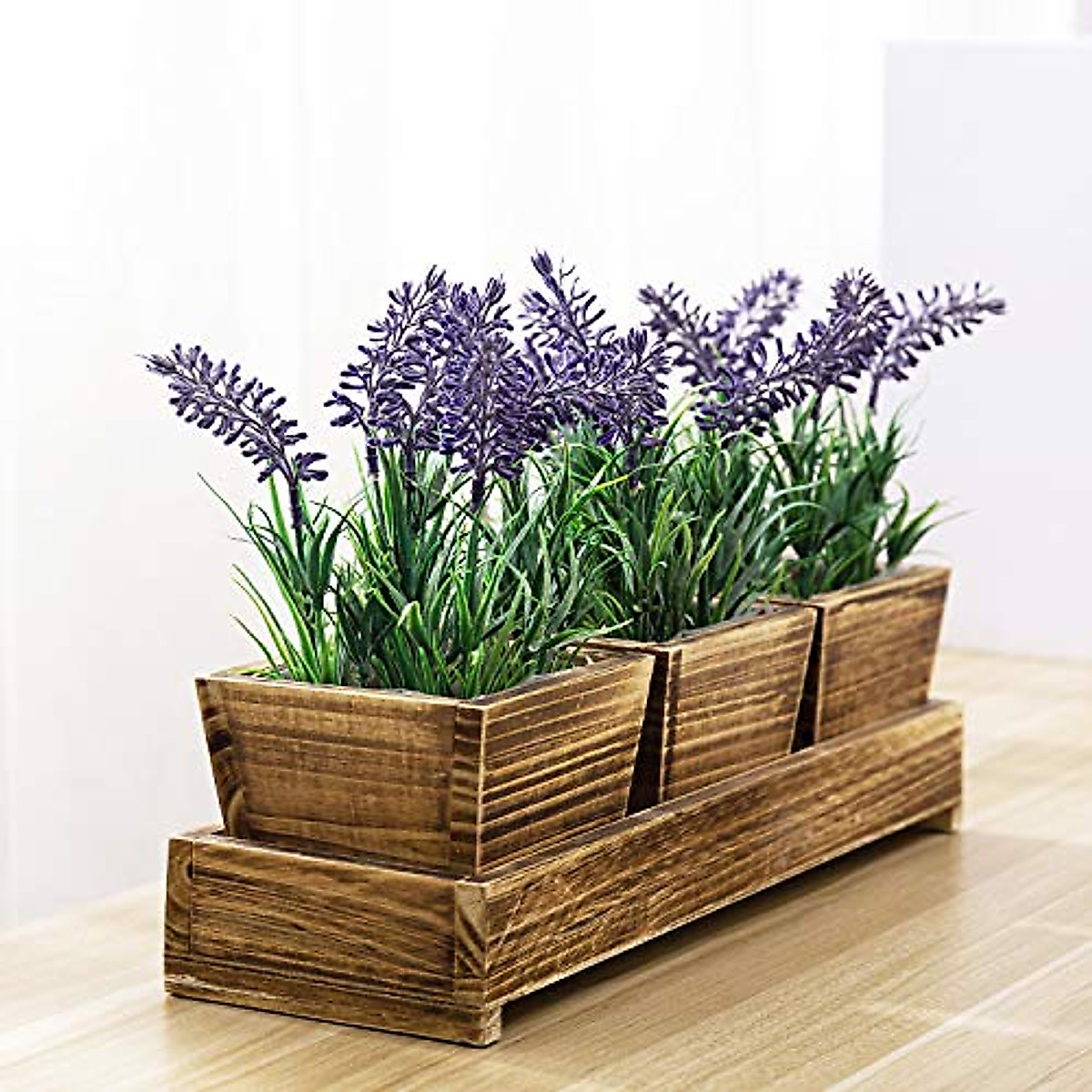 MyGift Countertop Herb Garden Container, Rustic Brown Wood Planter Box Succulent/Flower Pot Set with Decorative Bottom Tray and Plastic Liner