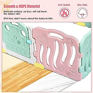 INFANS Baby Playpen, Kids Play Activity Center Yard for Toddlers, 10-Panel Safety Foldable Play Yard with Safety Lock, Adjustable Shape, Game Panel & Gate for Indoors or Outdoors (Green & Pink)