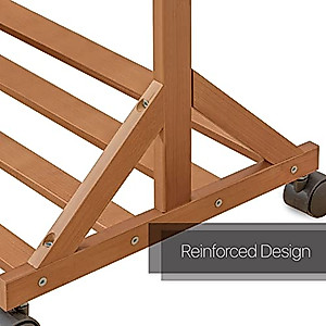 MoNiBloom Garment Racks with Wheels, Bamboo 2-in-1 Free-Standing Rolling Garment Rack Closet Organizer with Bottom Storage Shelf with 6 Hooks for Bedroom Entryway Office, Brown