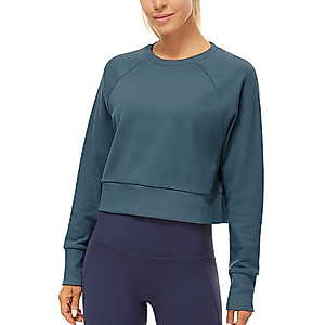 icyzone Cropped Crewneck Sweatshirt for Women, Casual Long Sleeve Pullover Tops for Spring Fall Winter (Medium, Dusty Blue)