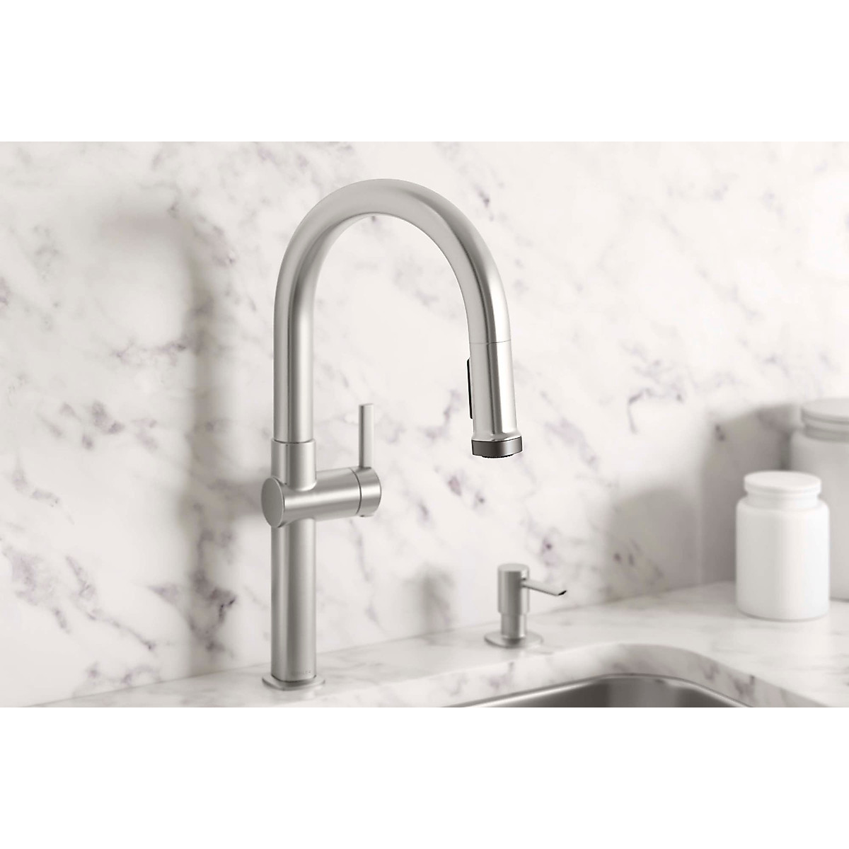 Kohler R22153-SD-VS Rune Single Handle Kitchen Faucet with Pull Down Sprayer and Soap Dispenser, Vibrant Stainless