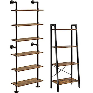 YMYNY Industrial Ladder Shelf, 4+6-Tier Bookcase with Metal Frame, 78.7"+58.5" Open Bookshelf, HTMJ014H+RF-TM018