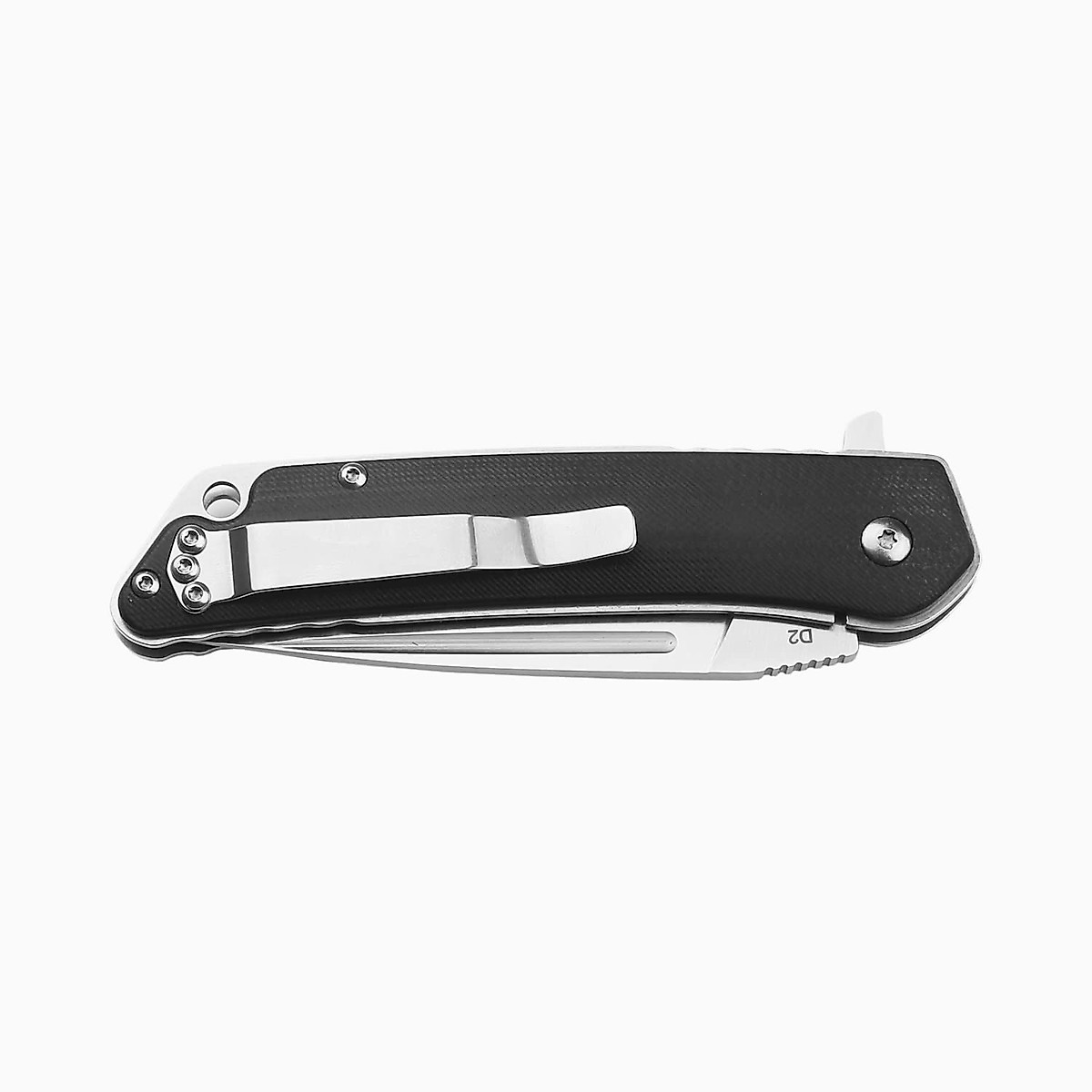 JKR Bearing assisted opening knife, black fiber handle and 3.34 in. satin-finished D2 Steel blade, includes belt clip, total length 7.87 in., PRO10003 tool for fishing, hunting, camping and hiking
