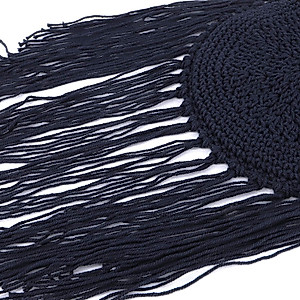 QTKJ Boho Long Cotton Tassels Crochet Flower Mini Crossbody Bag Handwoven Summer Beach Round Shoulder Bag with Zipper (Navy Blue)