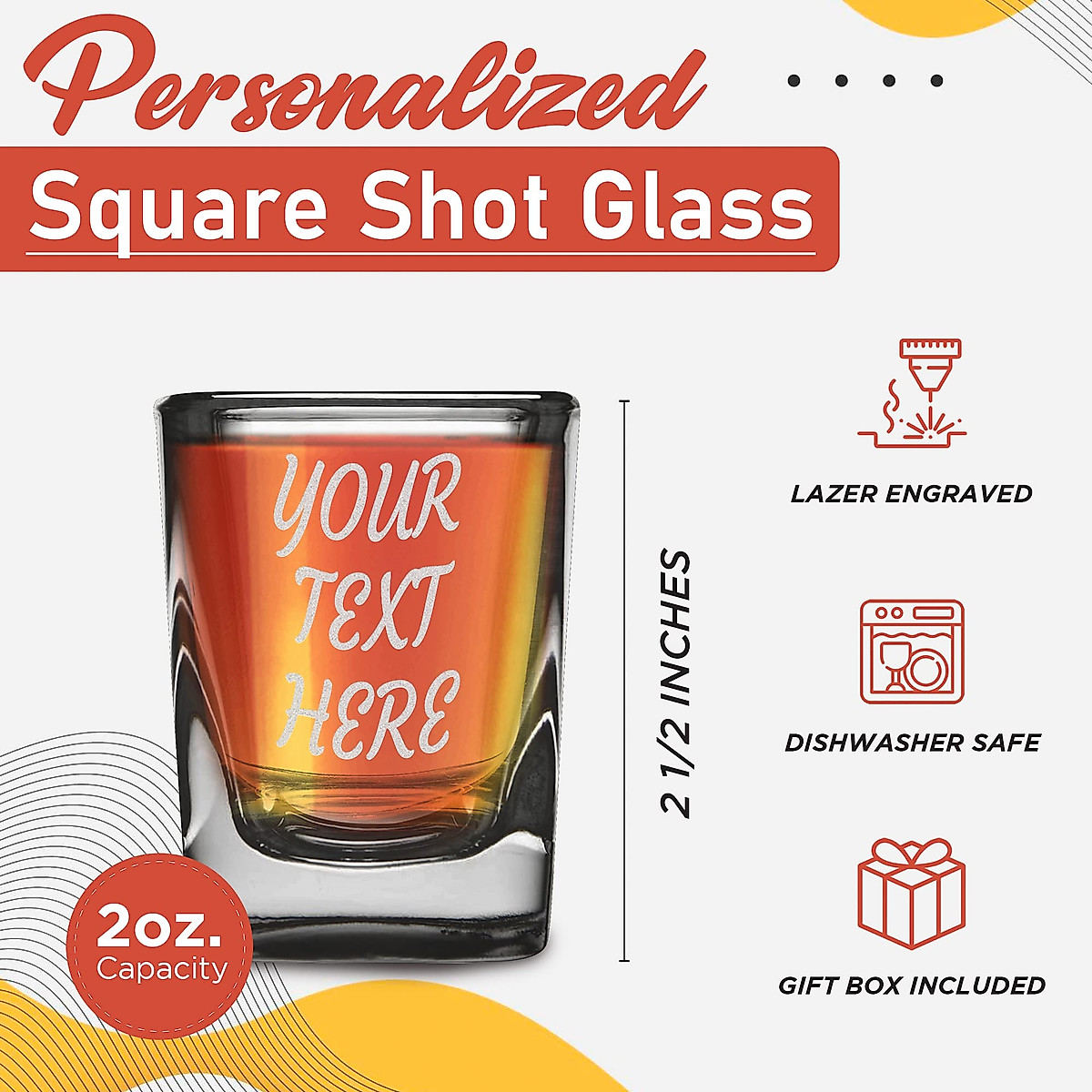 Personalized Your Text Laser Engraved Square Heavy Base Prism Shot Glass 2 oz. with Optional Gift Box, Custom Name Gifts for Him, Her
