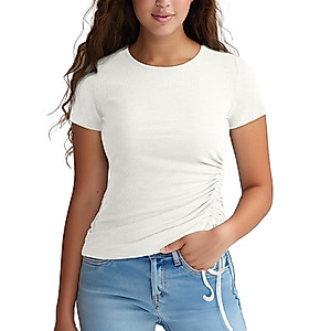 Athletic Tops for Women Short Sleeve,Workout Crop Top Fitted Yoga Shirt Drawstring Side Ruched(Off White-047,M)