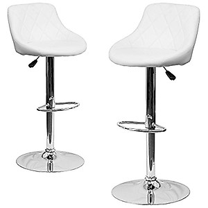 Contemporary Bar Stool Bucket Seat Design Hydraulic Adjustable Height 360-Degree Swivel Seat Sturdy Steel Frame Chrome Base Dining Chair Bar Pub Stool Home Office Furniture - Set of 2 White #1984