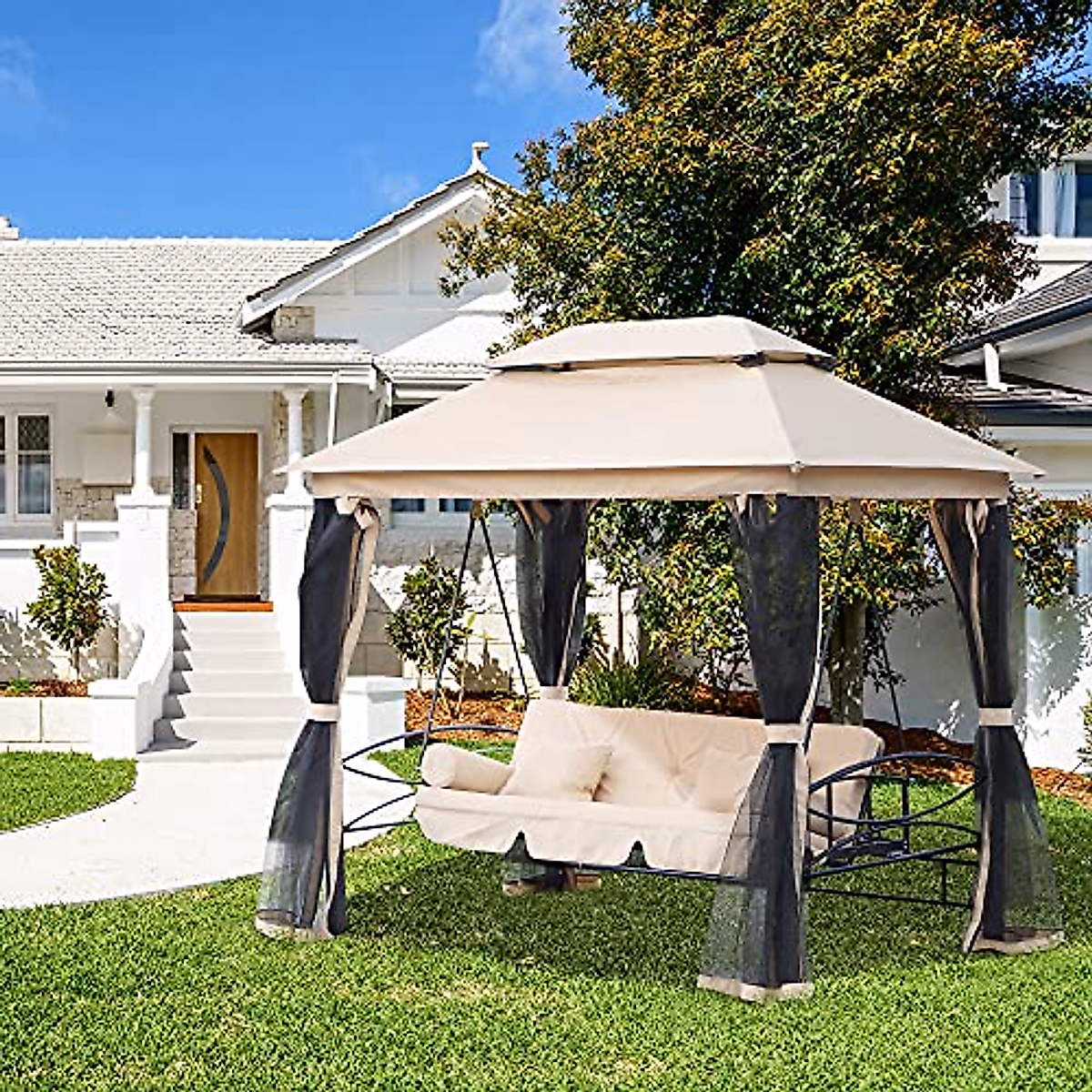 Outsunny 3-Seat Patio Swing Chair, Outdoor Gazebo Swing with Double Tier Canopy, Mesh Sidewalls, Cushioned Seat and Pillows, Beige
