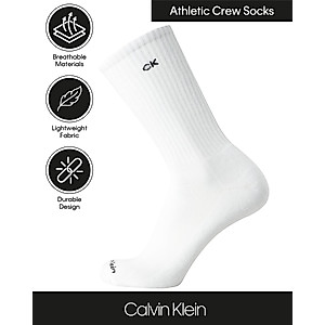 Calvin Klein Men’s Athletic Socks - 5 Pack Cushioned Crew Socks for Men - Soft, Breathable & Durable with Arch Support for All-Day Comfort, Sports, Workouts & Everyday Wear, White, Size 7-12