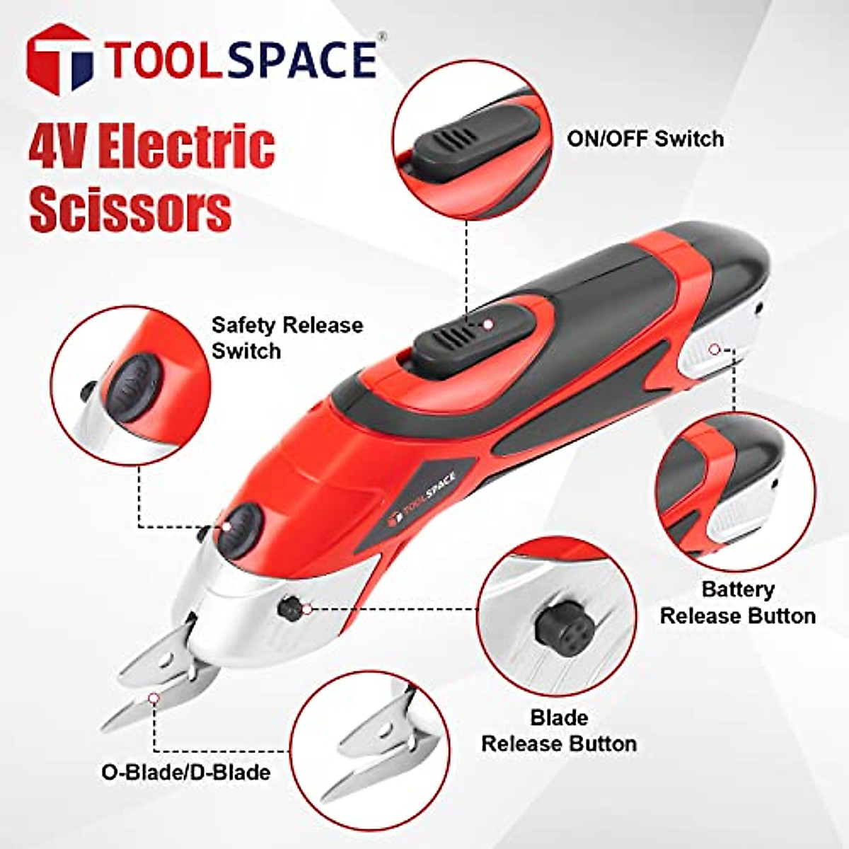 Cordless Electric Scissors with Two Blades, TOOLSPACE Electric Cardboard Cutter Electric Fabric Scissors for Cutting Fabric, 4V Lithium-Ion Rechargeable Battery, Easy Carry and Fast Charging