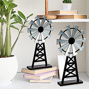 Set of 2 Wooden Farmhouse Windmill Table Top Decor Wood Small Distressed Windmill Table Decor Black Grey Rustic Windmill Themed Table Decor for Kitchen Garden Home Decor