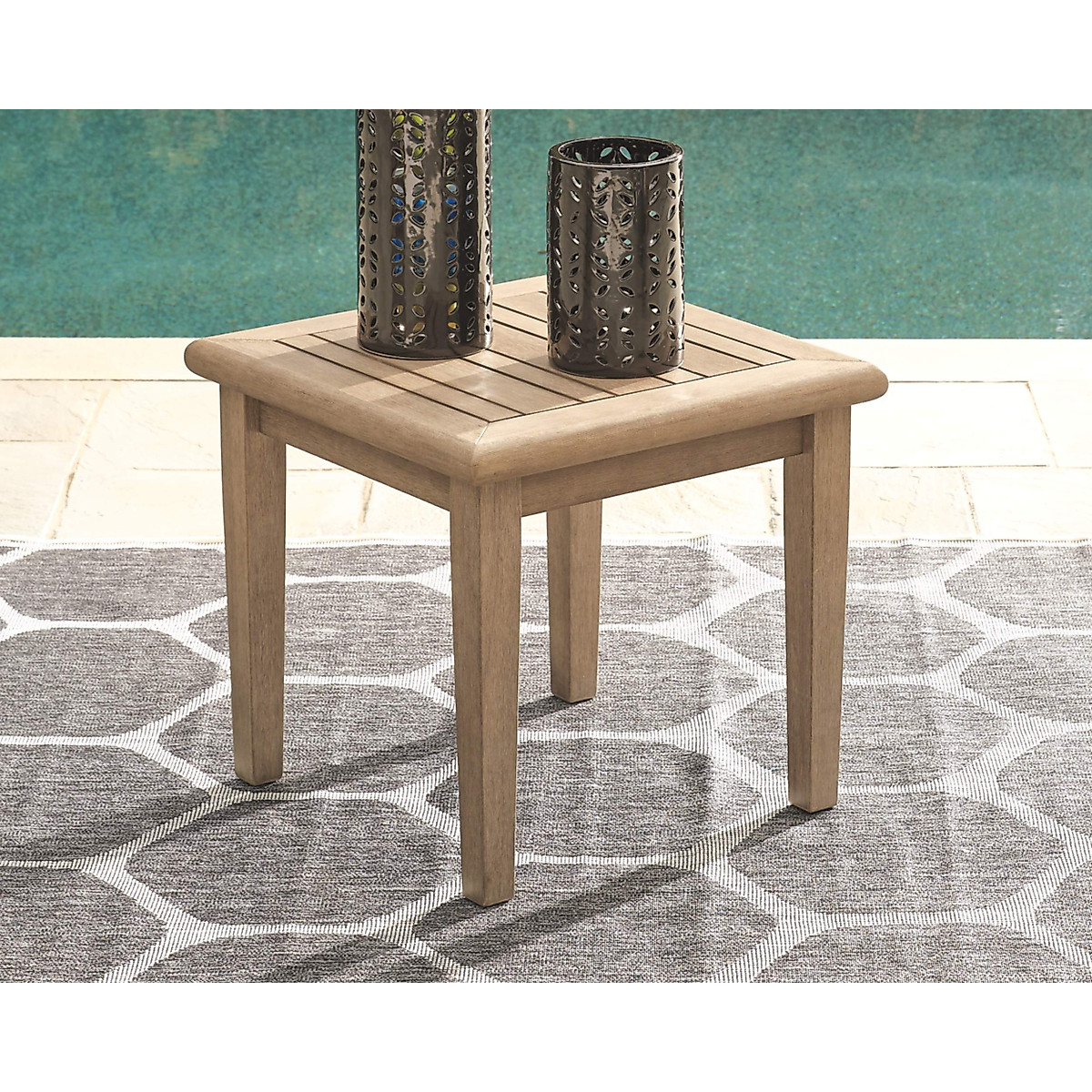 Signature Design by Ashley Gerianne Outdoor Eucalyptus Wood Square End Table, Beige