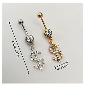 Rhinestone Dollar Sign Belly Button Ring Summer Navel Piercing Dangle Belly Button Rings Bars Bikini Waist Body Jewelry for Women (Silver)
