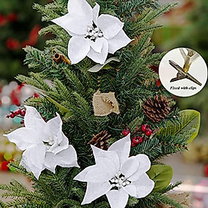 MOONET 12 Pcs Christmas Tree Decor Flowers Artificial Flannel Fabric Flowers with Clips Ornaments for Christmas Party Wedding, 6.69 inch (White)