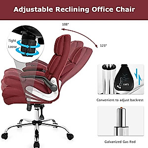 POWERSTONE Ergonomic Office Chair Big and Tall High-Back Executive Computer Desk Chair Upholstered Comfortable Swivel Home Office Chair with Flip-up Armrest Adjustable Tilt Angle 300 LBS (WineRed)
