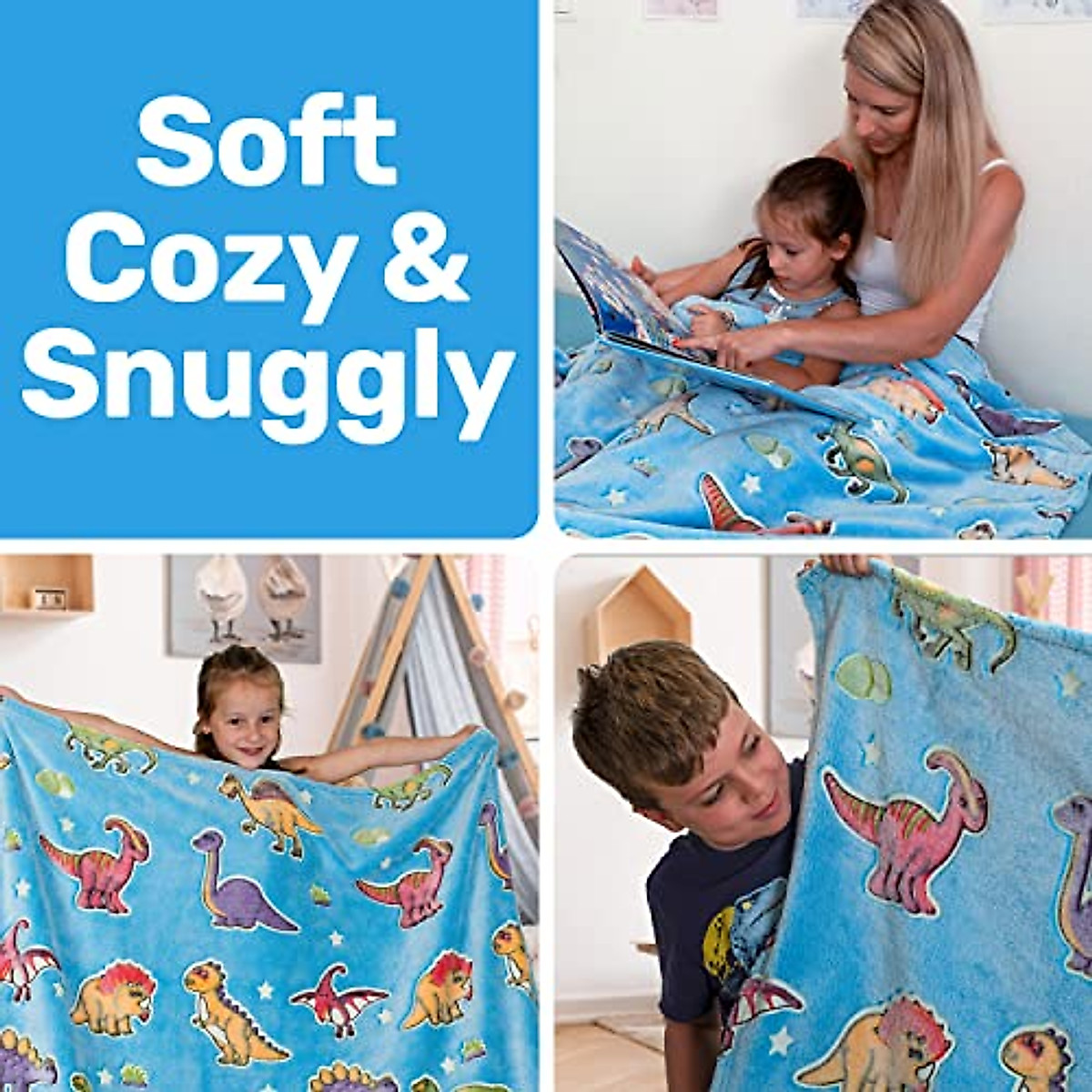 Glow in The Dark Blanket Dinosaur Throw Blanket for Boys Kids Soft Warm Cozy Furry Cute Dino Blanket, Valentines Day Gifts, Glowing Dinosaur Room Decor Blankets for Girls,Grandkids, Blue, 50" x 60"